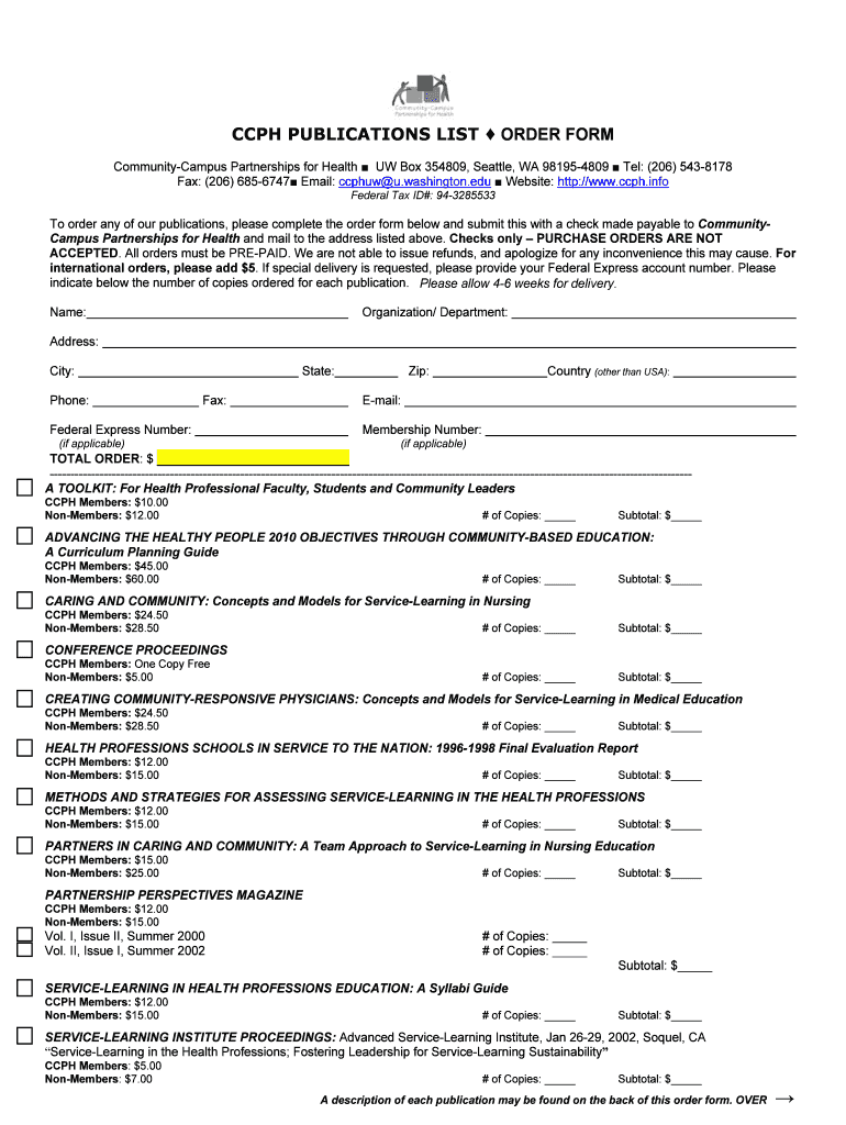 Fillable Online Order Form for CCPH Publications Fax Email Print - pdfFiller