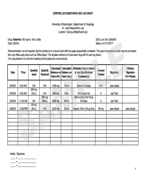 Fillable Online depts washington Controlled substance use log sheet ...