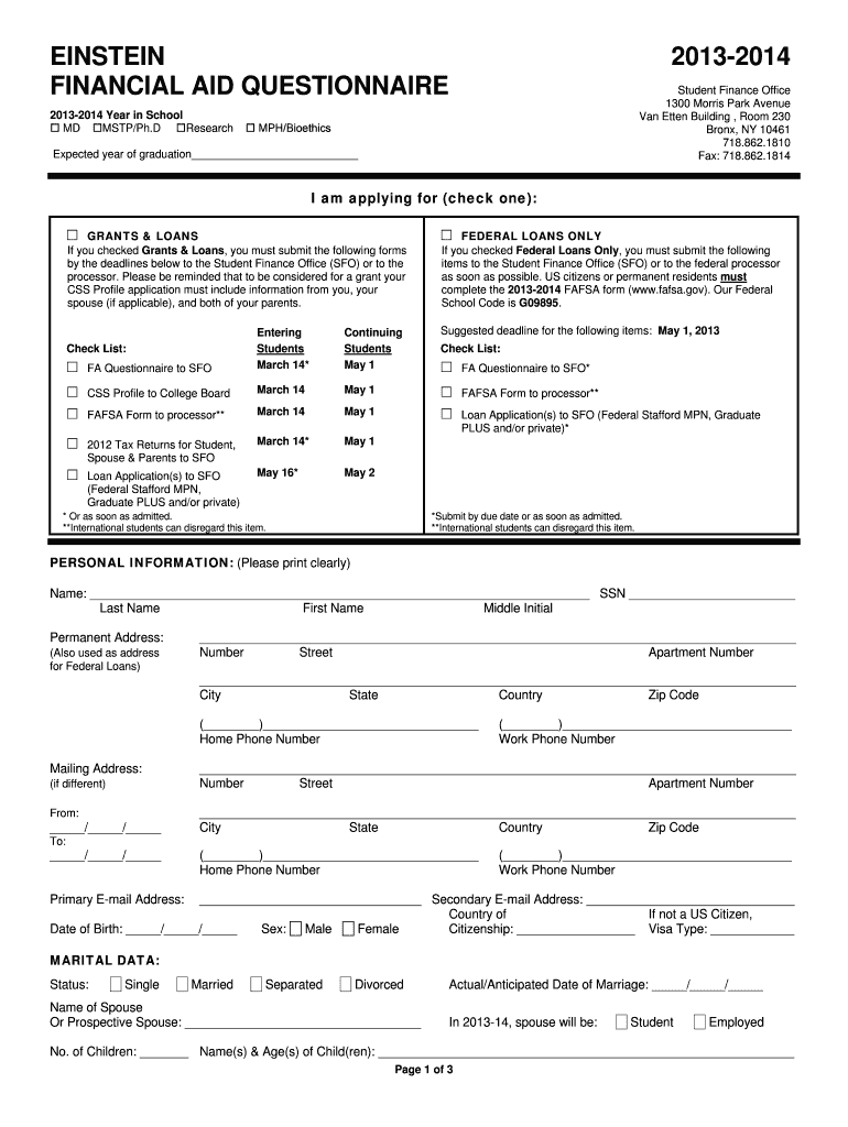 Fillable Online Einstein Financial Aid Questionnaire 2013-2014 Fax ...