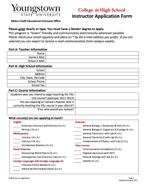 Fillable Online web ysu CHS Instructor Application Form/Checklist - YSU Fax Email Print - pdfFiller