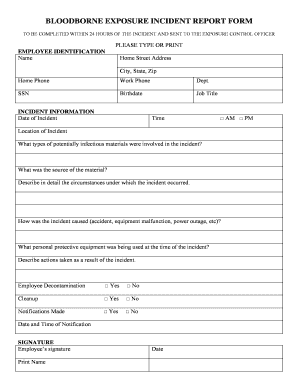 Fillable Online web ysu BLOODBORNE EXPOSURE INCIDENT REPORT FORM - YSU ...