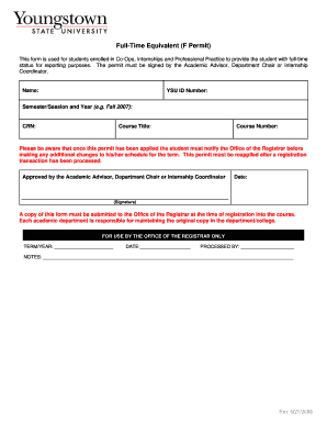 Fillable Online web ysu Full-Time Equivalent Form - YSU - web ysu Fax Email Print - pdfFiller