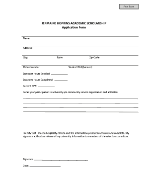 Fillable Online web ysu JERMAINE HOPKINS ACADEMIC SCHOLARSHIP Application Form - web ysu Fax ...