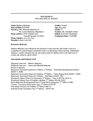 Fillable Online SAMPLE Psychological Report - Jacob Lutz's School ...