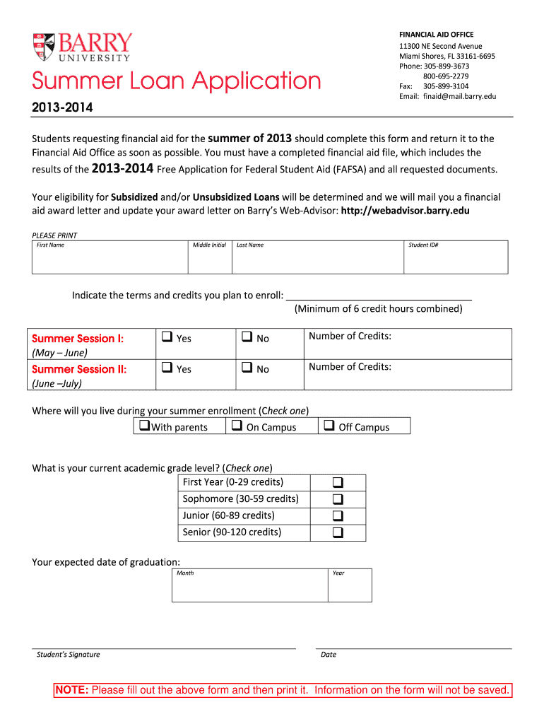 Fillable Online Summer Loan Application 2013-2014 Fax Email Print ...