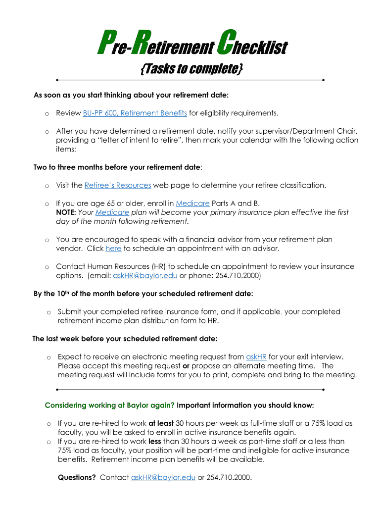 Fillable Online Pre-Retirement Checklist Fax Email Print - pdfFiller