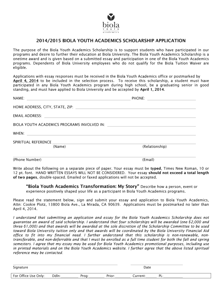 Fillable Online Biola Youth Academics Scholarship Application Fax Email ...