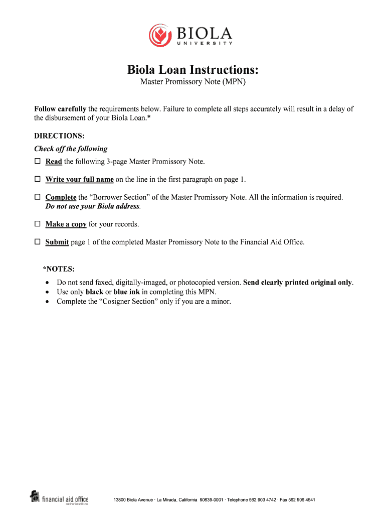 Fillable Online Biola Loan Instructions Fax Email Print - pdfFiller