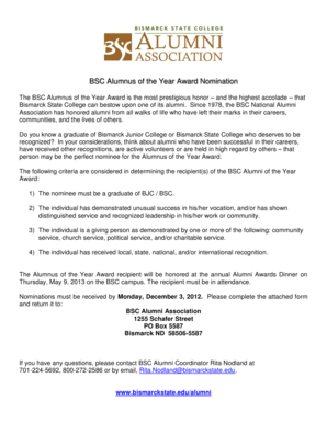 Fillable Online bismarckstate 2013 Alumnus of the Year Nomination Form ...