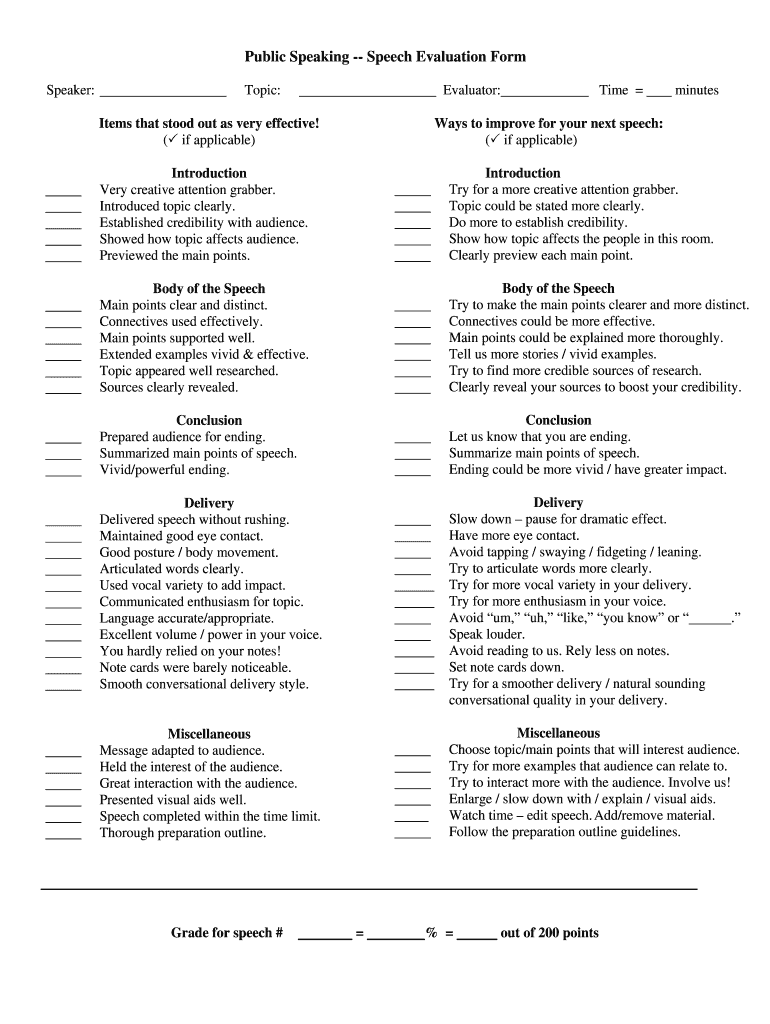 Fillable Online Public Speaking -- Speech Evaluation Form Fax Email ...
