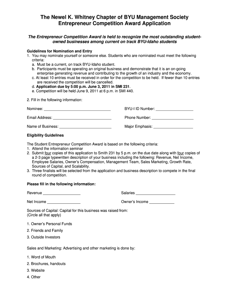 Fillable Online The Newel K. Whitney Chapter of BYU Management Society Entrepreneur Competition ...