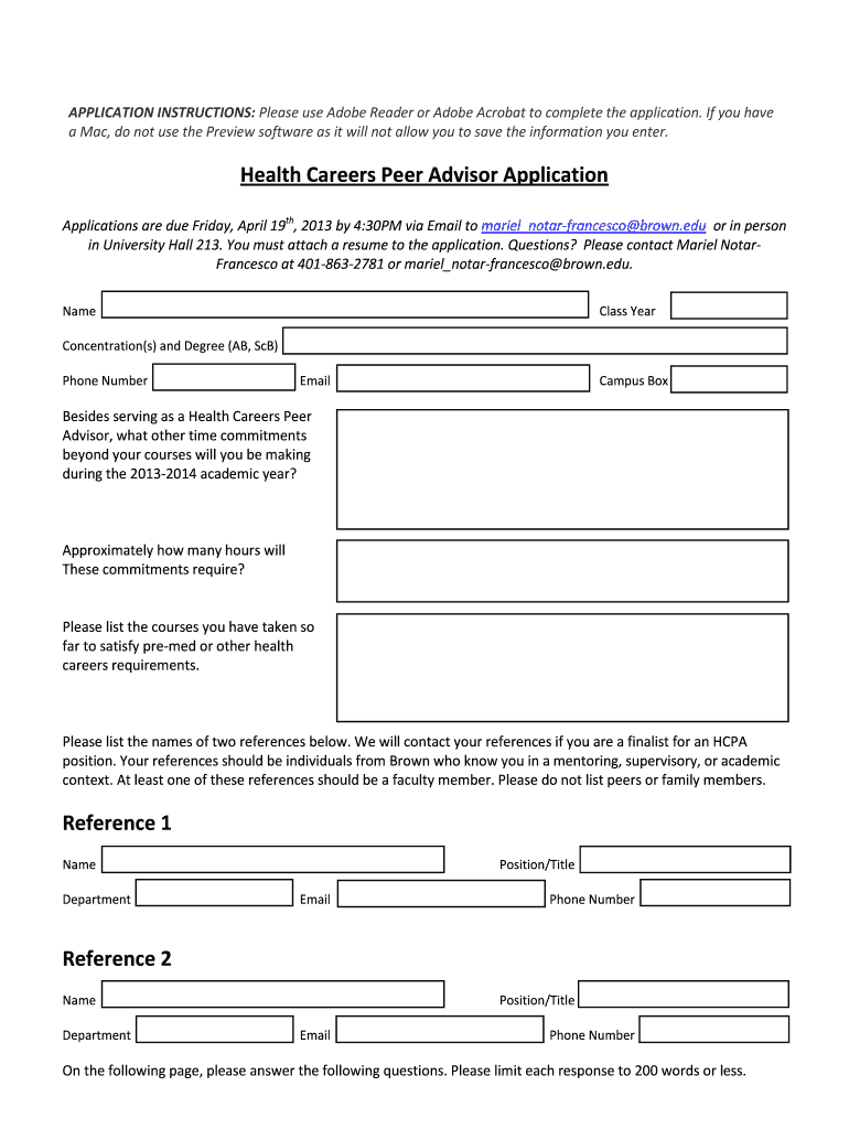 Health Careers Peer Advisors Call for Applications - Brown University: Fill out & sign online ...