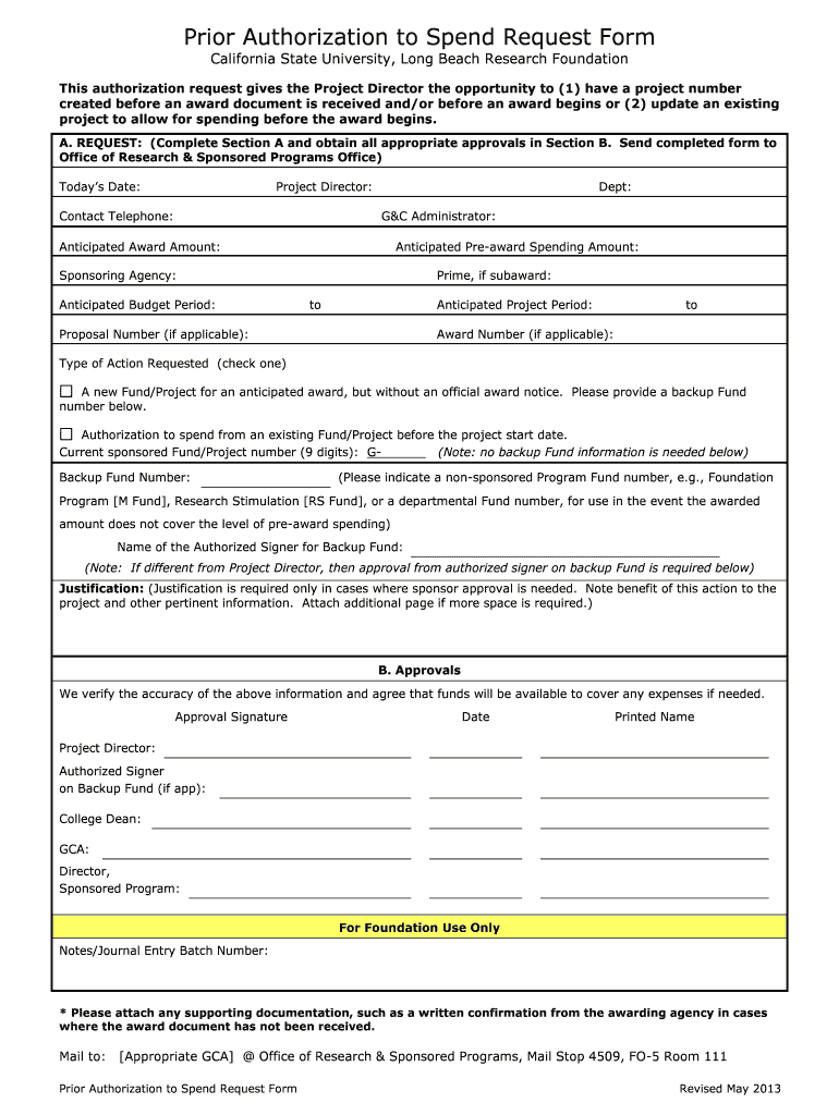 Fillable Online Prior Authorization to Spend Request Form Fax Email ...