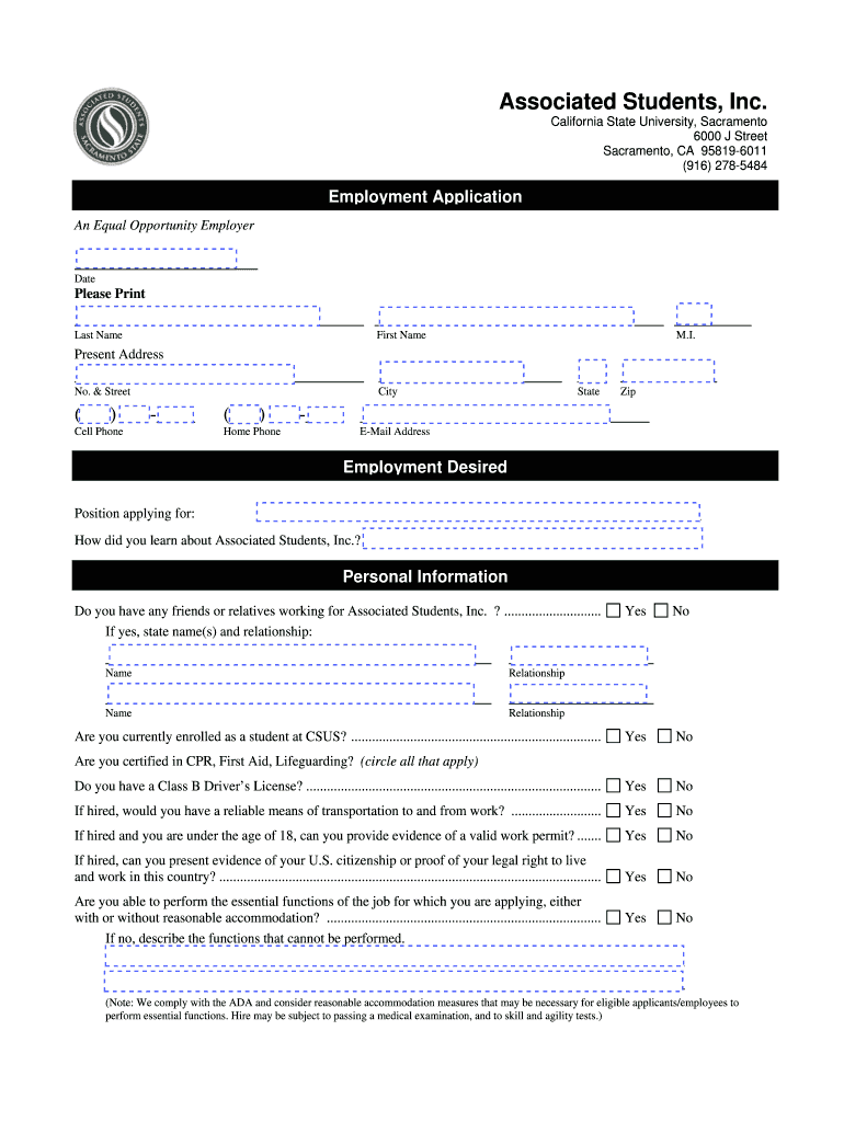 Fillable Online Employment Application for Associated Students, Inc ...