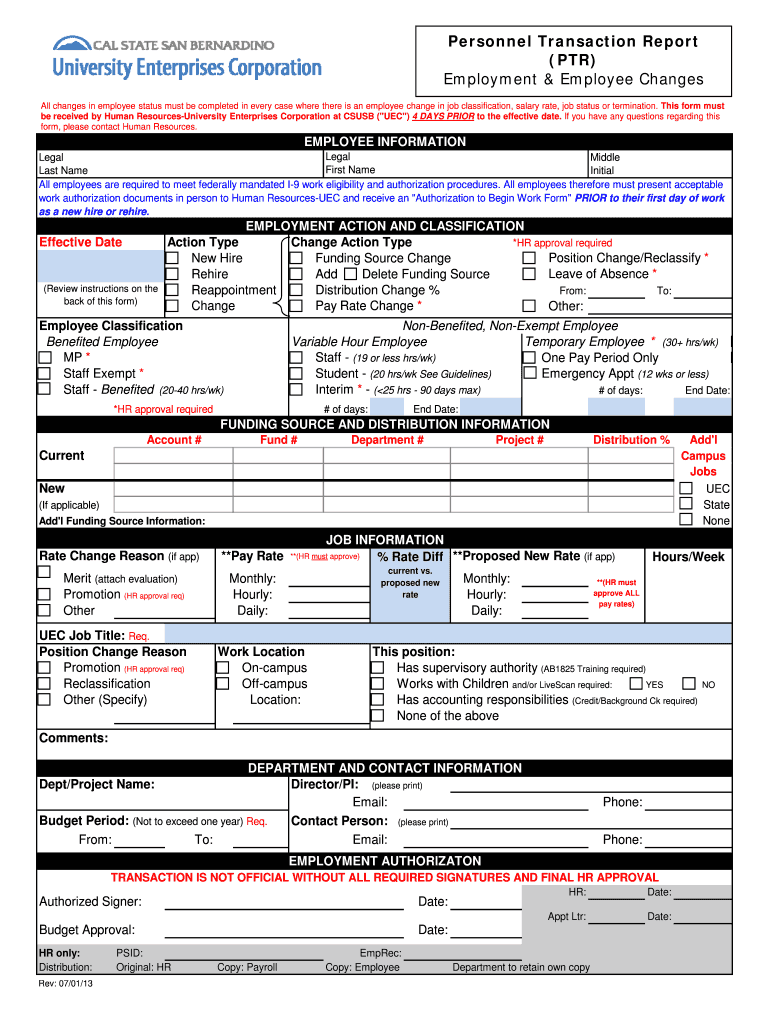 Fillable Online uec csusb Personnel Transaction Report (PTR) Employment ...