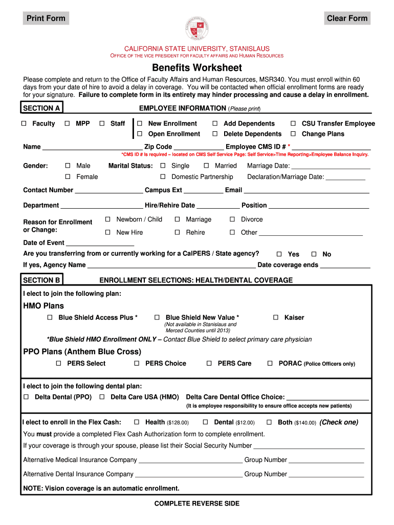 Benefits Worksheet - California State University Stanislaus: Fill out ...