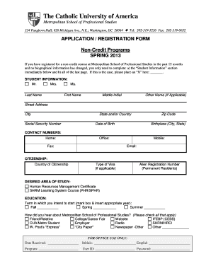 Fillable Online NON-CREDIT Application/Registration Form - Metropolitan School ... Fax Email ...