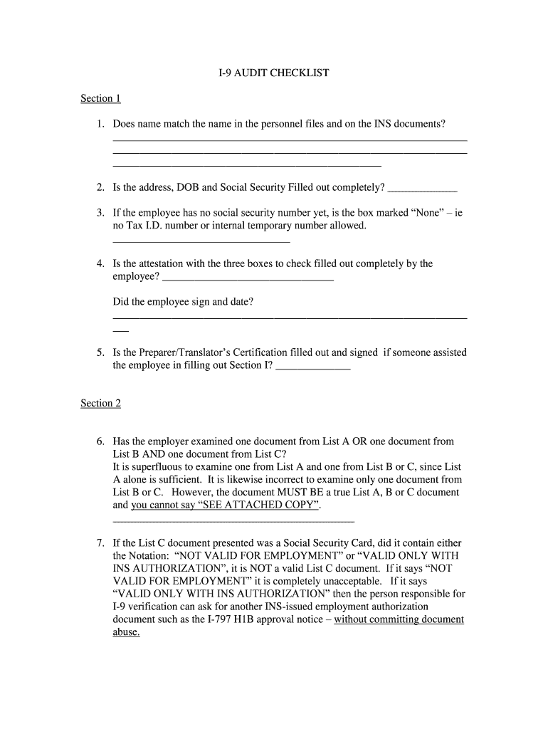 Fillable Online I-9 AUDIT CHECKLIST Section 1 1. Does name match the ...