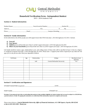 Fillable Online centralmethodist Household Verification Form - Independent Student - Central ...