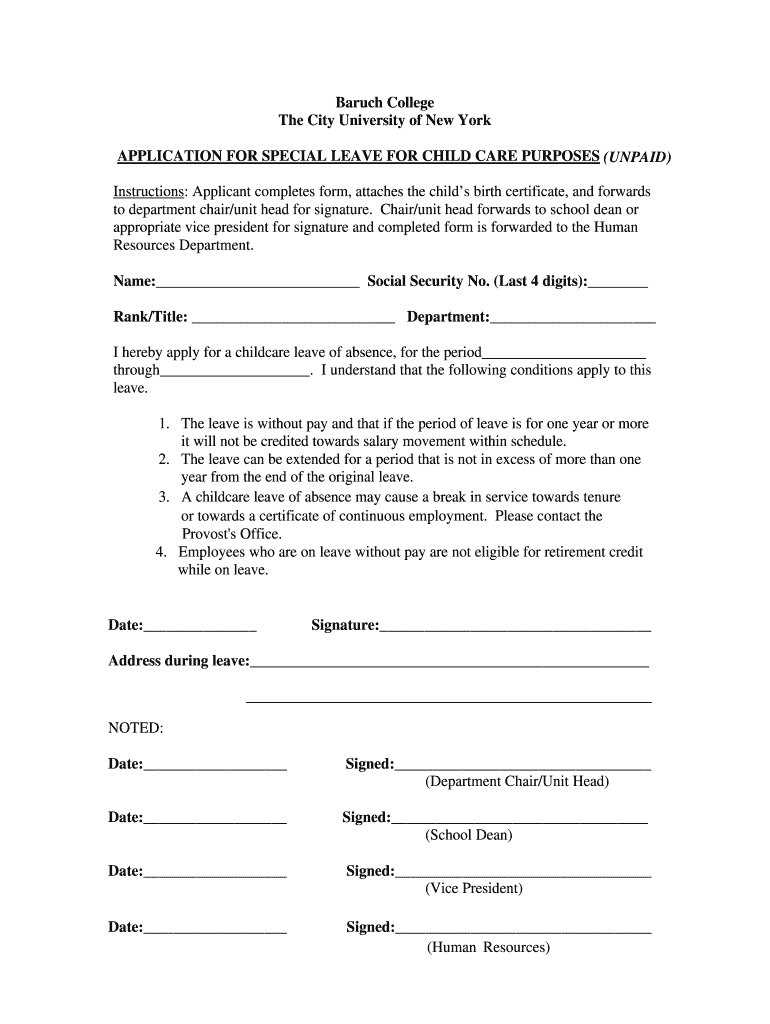 Fillable Online Application for Special Leave for Child Care Purposes ...