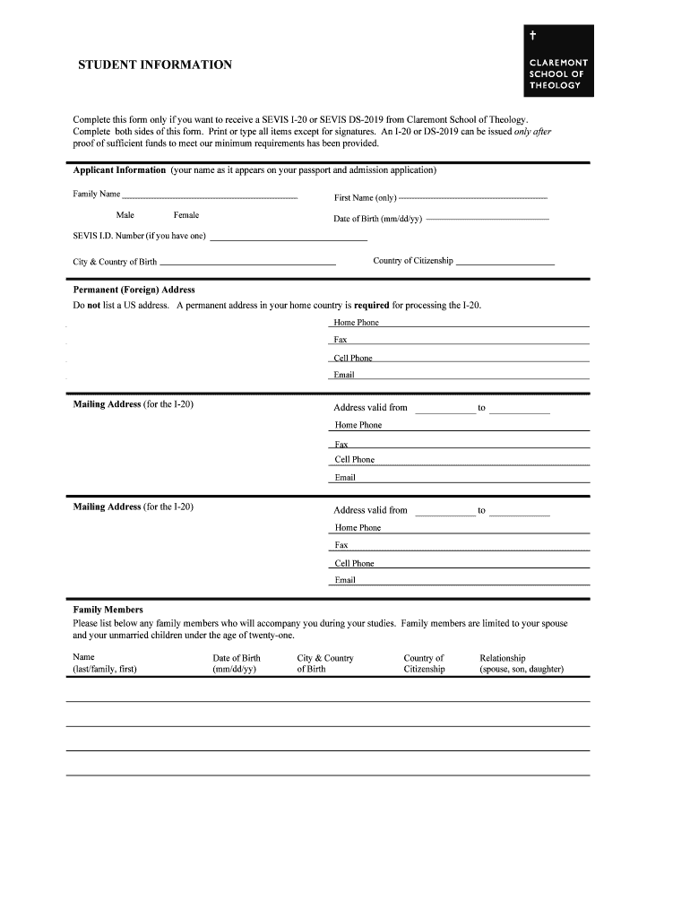 Fillable Online Visa Information for International Students Fax Email ...