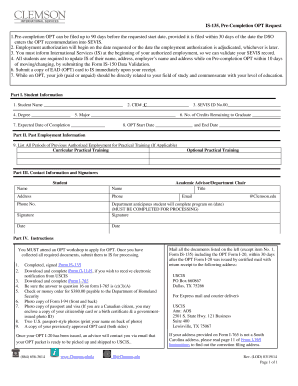 Fillable Online media clemson Form IS-135, Pre-Completion OPT Application Request - Clemson ...