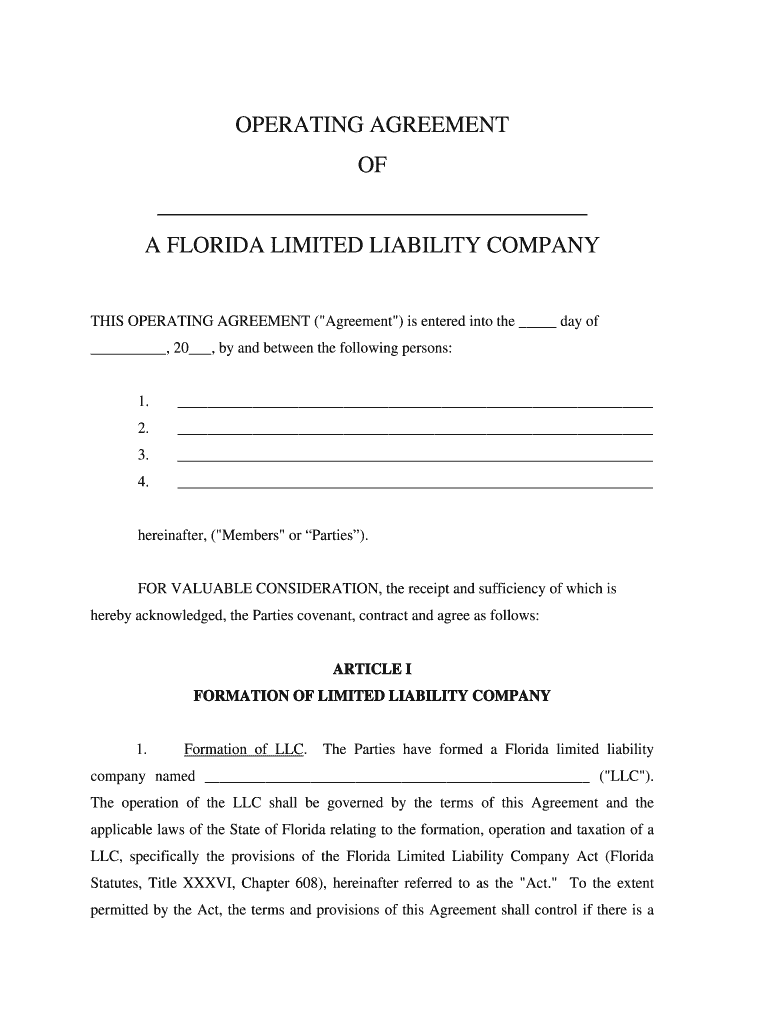 Operating Agreement Llc Florida Fill Online Printable Fillable 