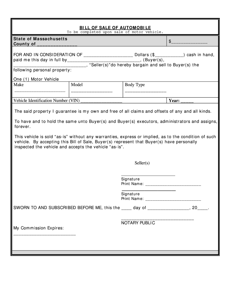 Free Massdot Rmv Registry Of Motor Vehicles Auto Bill Of Sale Form 