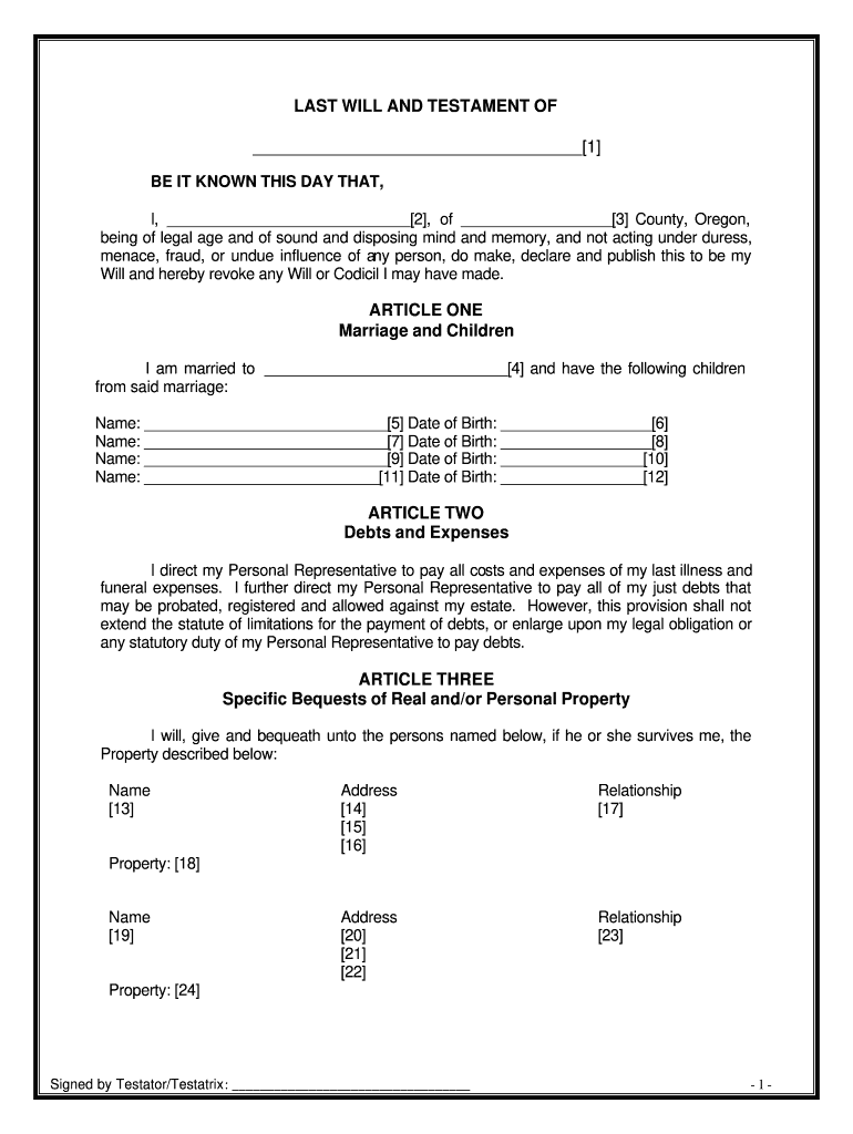 Oregon Simple Will Template Fill Online Printable Fillable Blank