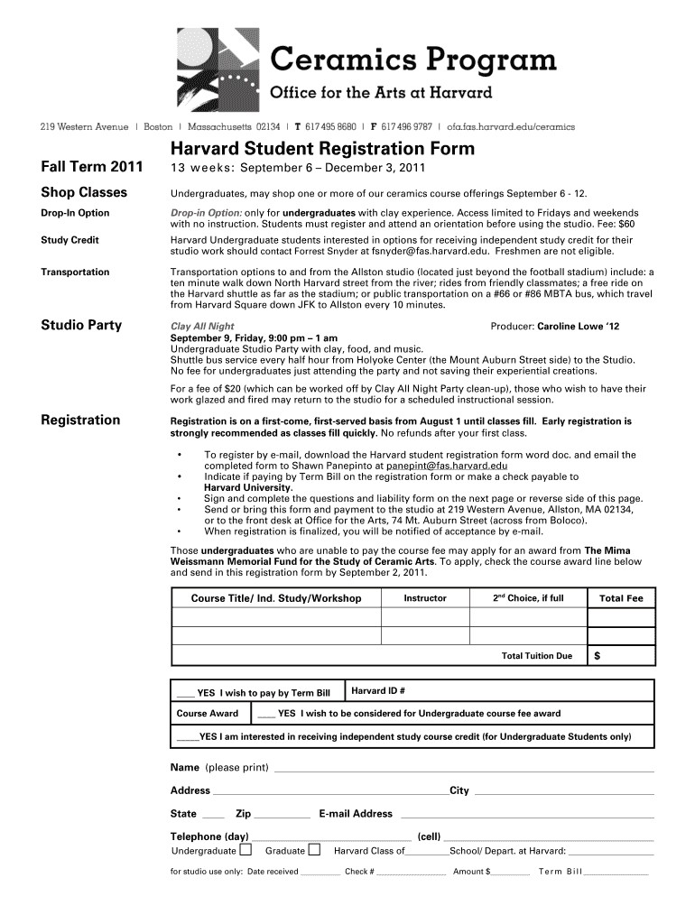 Fillable Online Harvard Student Registration Form Fall Term 2011 Fax Email Print - pdfFiller