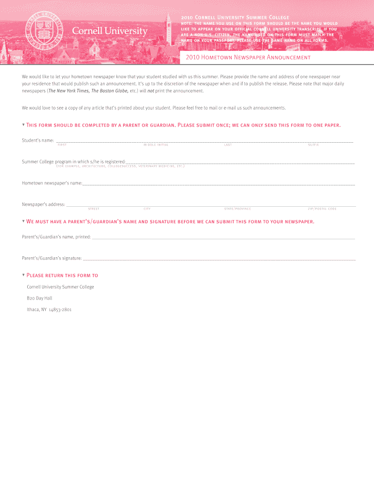 2010 Hometown Newspaper Announcement - Cornell University: Fill out & sign online | DocHub