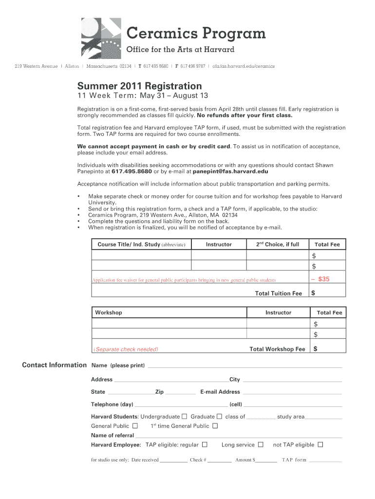 Fillable Online Summer 2011 Registration for Ceramics Program Fax Email ...