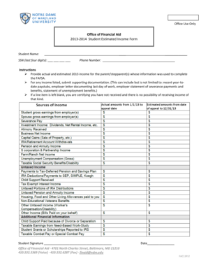 Fillable Online ndm Office of Financial Aid 2013-2014 Student Estimated ...