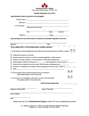 Fillable Online Transfer Clearance Form - Manhattanville College Fax ...