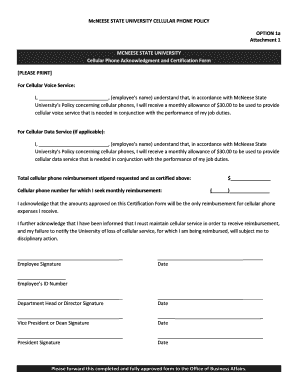 Fillable Online mcneese Cell Phone Acknowledgment and Certification ...