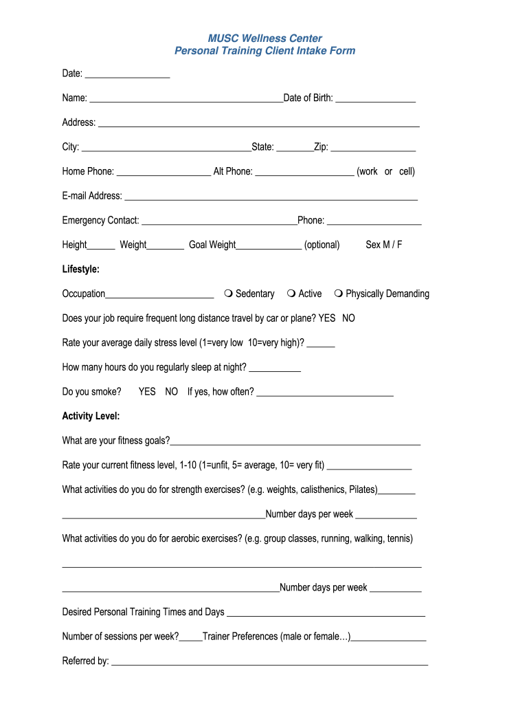 Musc Wellness Center Training Client Intake Trial Fill Online Printable Fillable Blank 