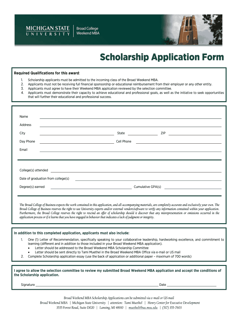 Scholarship Application Form - Weekend MBA - Michigan State: Fill out ...