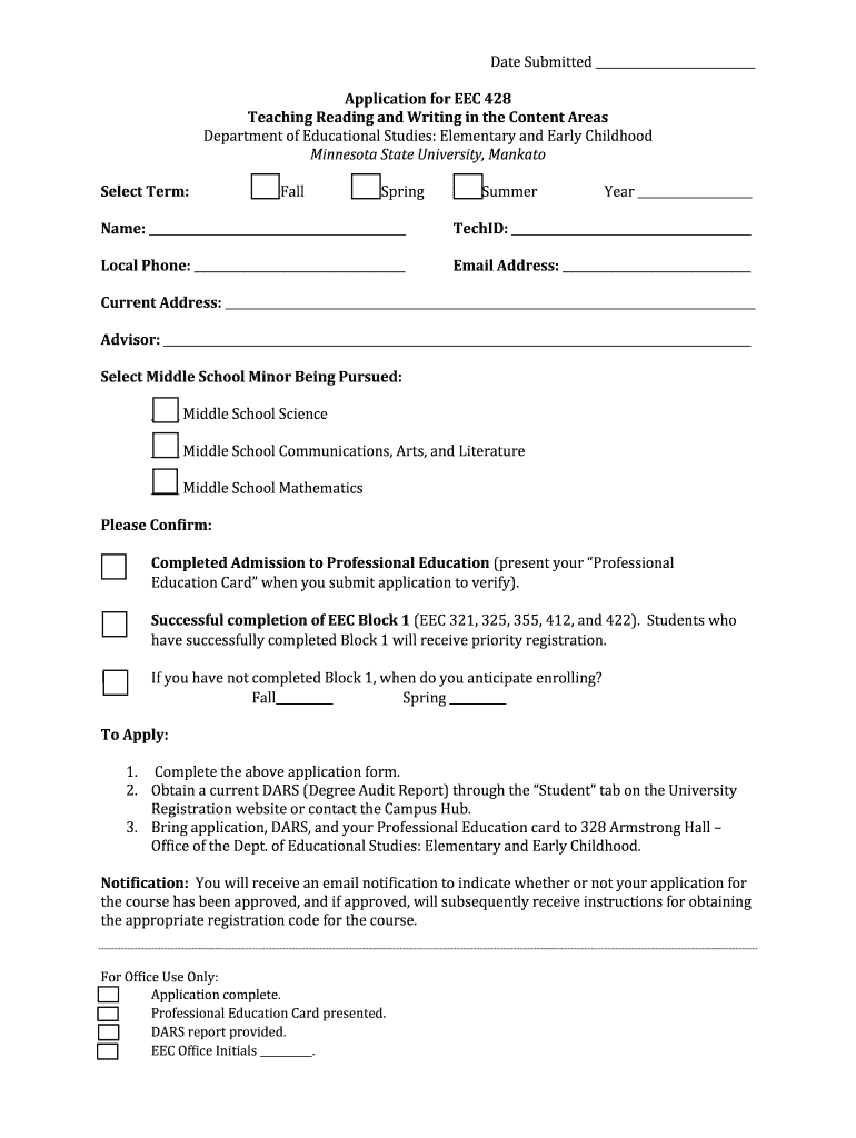 Fillable Online Application for EEC 428: Teaching Reading and Writing ...