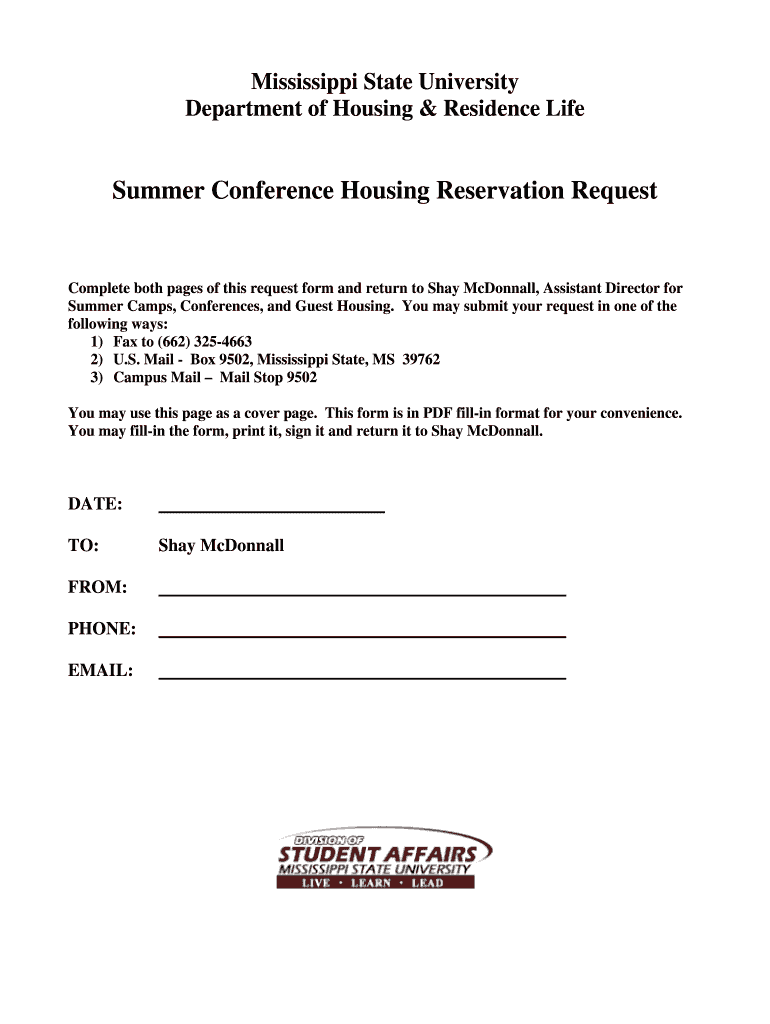 Fillable Online Msu summer conference housing reservation request summer 2003 Fax Email Print ...
