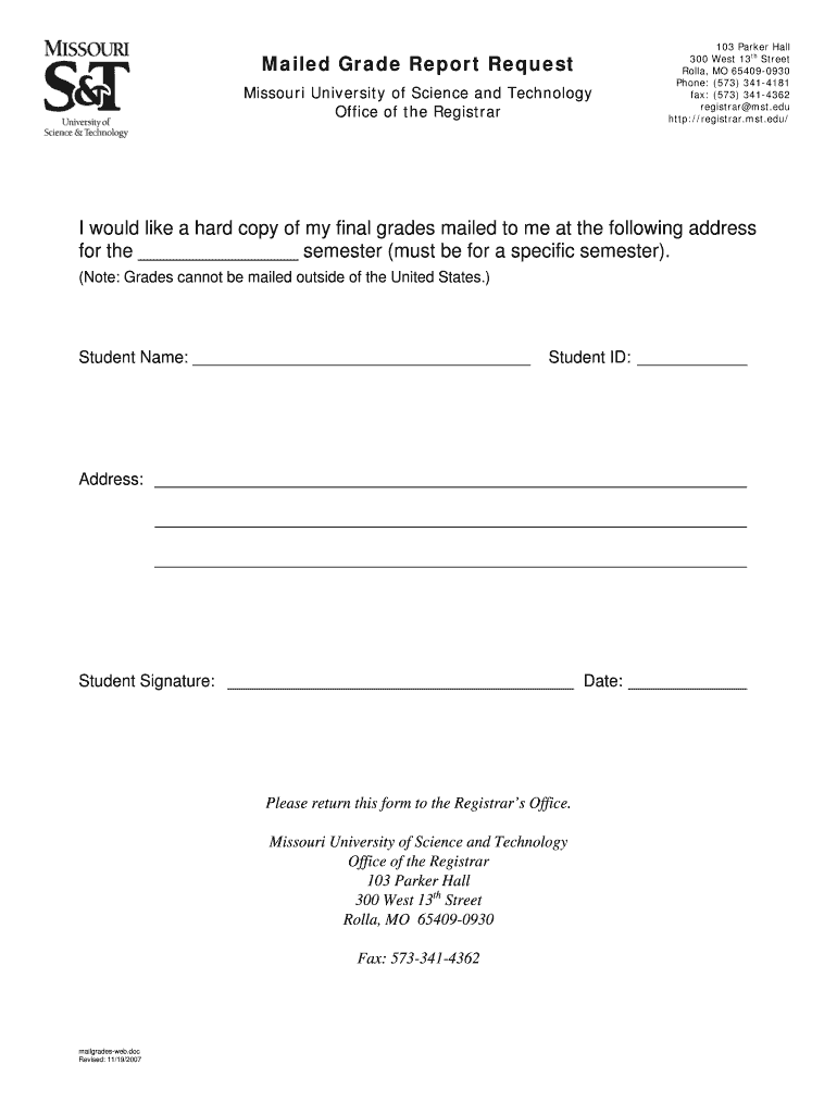 Fillable Online registrar mst Request to Mail Grades Form - Registrar ...