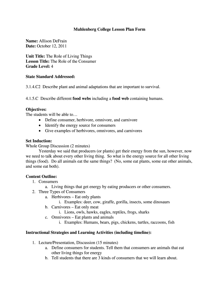 College Lesson Plan Template Fill Online Printable Fillable Blank 