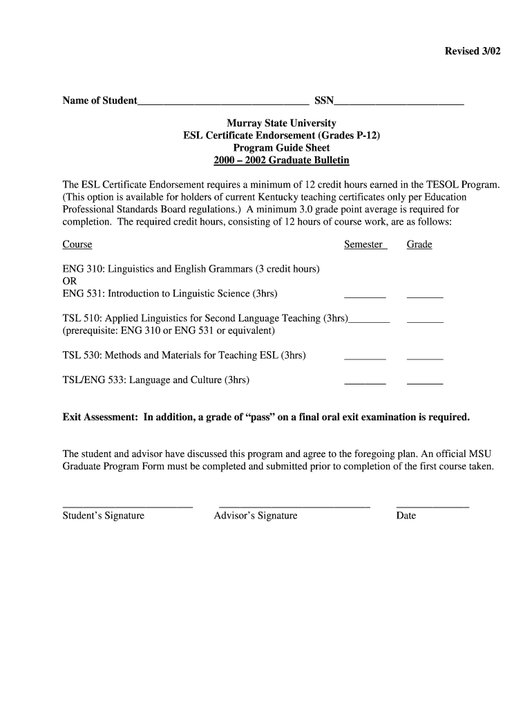Fillable Online ESL Certificate Endorsement (Grades P-12) Program Guide ...
