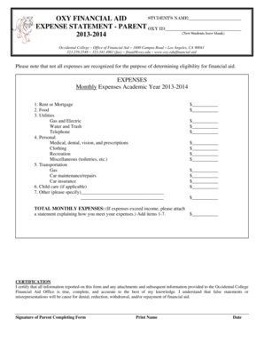 Fillable Online oxy Oxy financial aid expense statement - parent 2013-2014 - Occidental ...