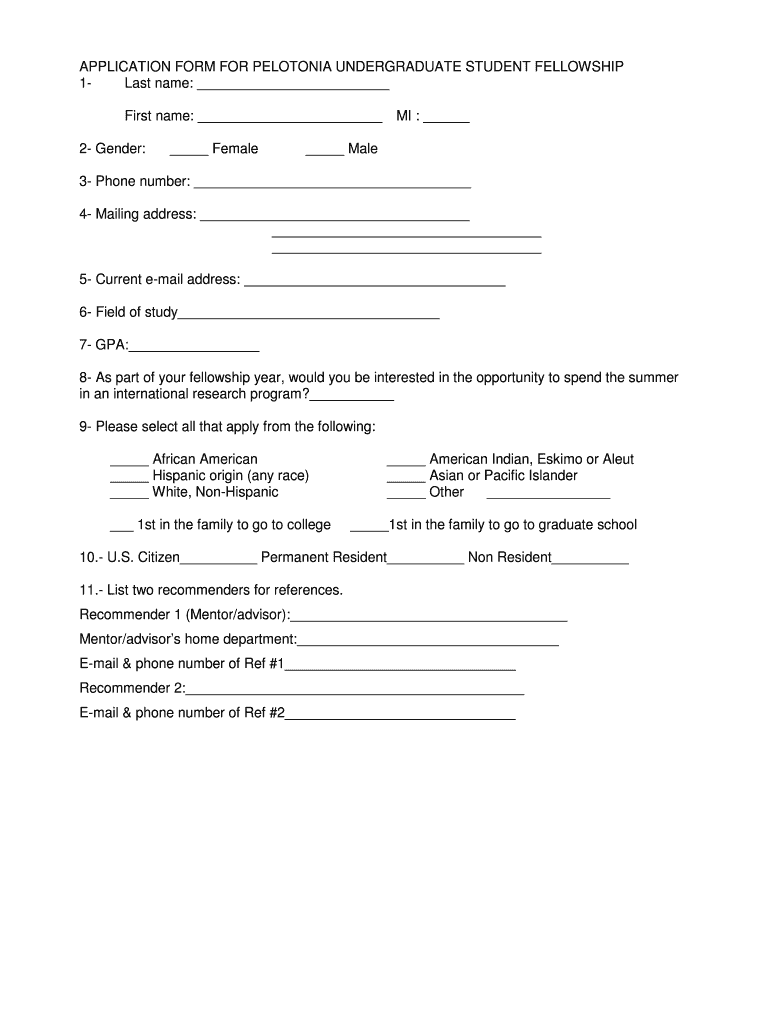 Fillable Online Pelotonia Undergraduate Student Fellowship Program Application Fax Email Print ...