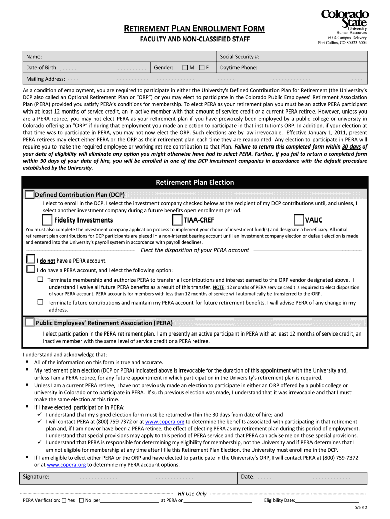 Fillable Online RETIREMENT PLAN ENROLLMENT FORM Fax Email Print - pdfFiller