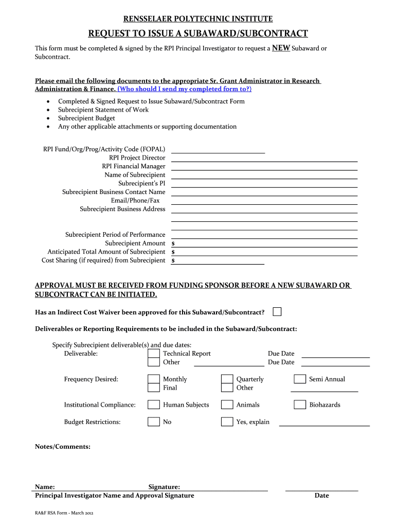 Fillable Online Request to Issue a Subaward/Subcontract Fax Email Print - pdfFiller