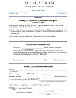 Fillable Online intraweb stockton 2013-2014 Identity and Statement of Educational Purpose ...