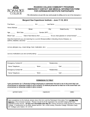 Fillable Online roanoke Emergency Contact and Medical Form - Roanoke ...