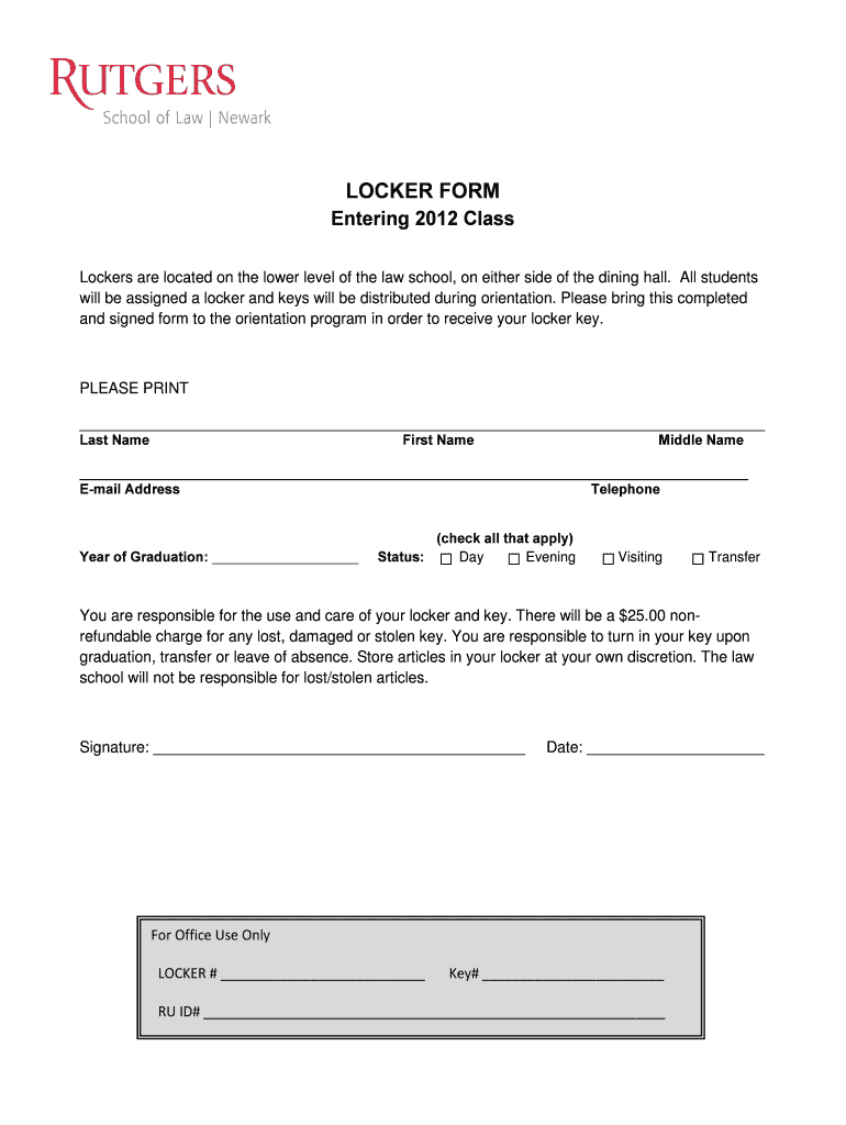 Fillable Online Locker Assignment Form for 2012 Class Fax Email Print - pdfFiller