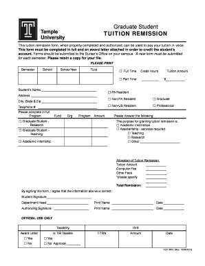 Fillable Online Graduate Student Tuition Remission Form - Temple ...
